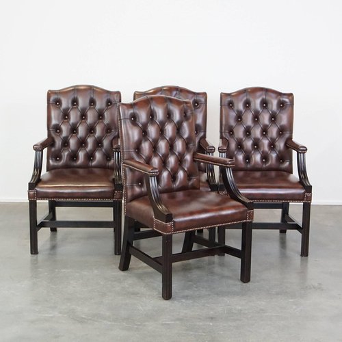 English Chesterfield Dining Chairs in Dark Brown Leather, Set of 4 for ...