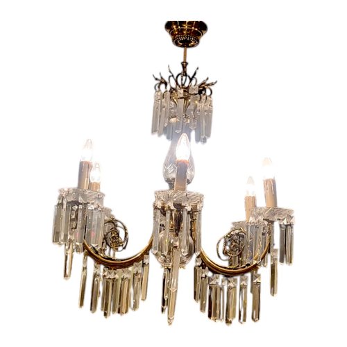 Classical Brass and Crystal 6-Arm Chandelier for sale at Pamono