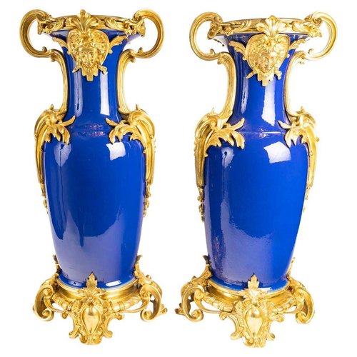 20th Century Regency Blue Porcelain and Gilt Bronze Vases, Set of 2 for ...