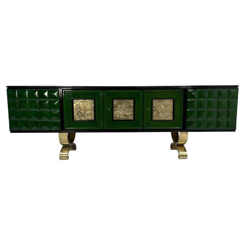 Italian Art Deco Green Aniline and Brass Sideboard by Valabrega, 1930s ...