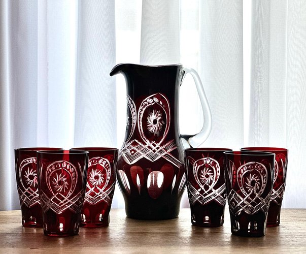 Vintage Ruby Red Cut to Clear Glass Pitcher and Glasses, Set of 7 for ...