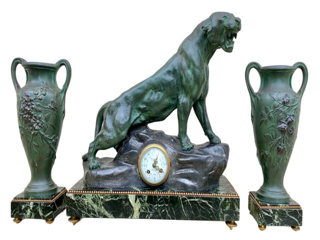 Napoleon III Pendulum Clock Set Panther with Marble Vase from T ...