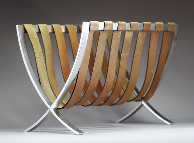 Vintage Leather and Metal Frame Magazine Rack, 1970s for sale at Pamono