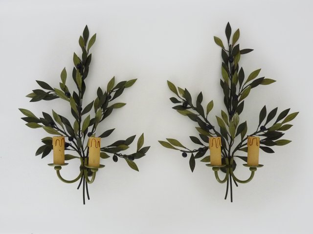 Olive Branch Wall Lights with 2 Lights with Painted Metal, 1980s, Set ...