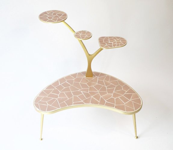 Mid-Century German Pink Plant Stand with Ceramic Tiles and Golden Rim ...