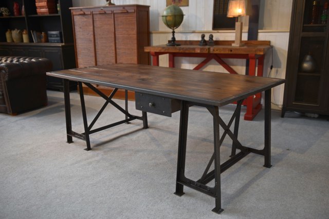 Industrial Desk on Riveted Steel Trestles and Rimmed Pine Top, 1950s ...
