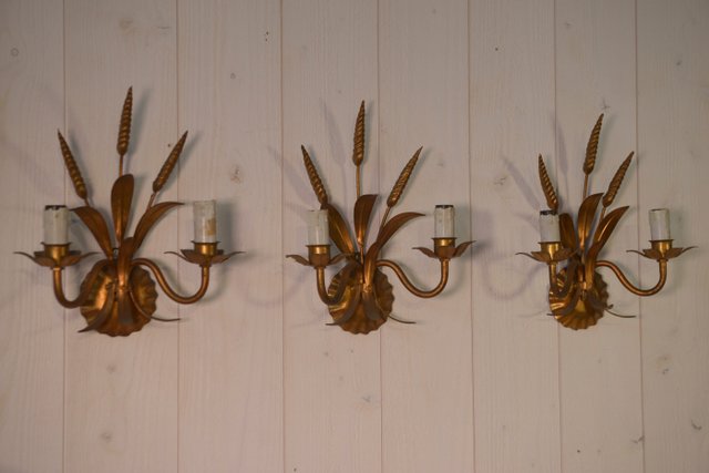 Wall Lights in Gilded Wrought Iron Sheaf of Wheat, 1960s, Set of 3 for ...
