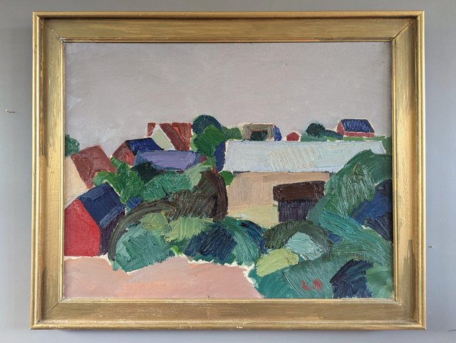 Hillside Houses, 1950s, Oil Painting, Framed for sale at Pamono