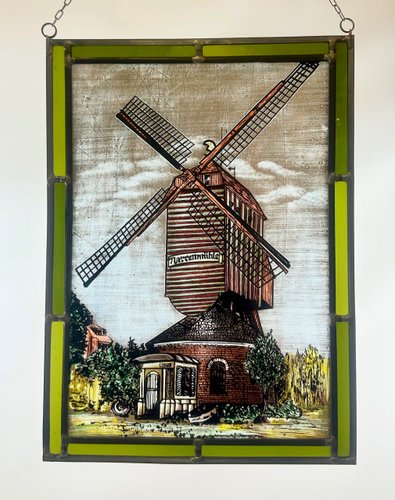 German Hand-Painted Stained Glass Hanging Window Panel with Narrenmühle ...