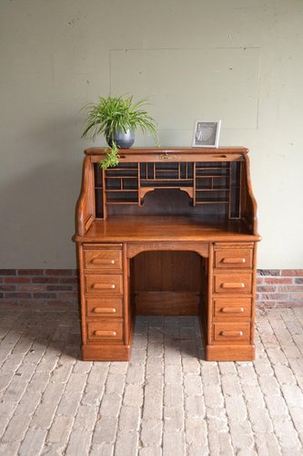 Oak Wooden Secretary with Roller Shutter Desk for sale at Pamono