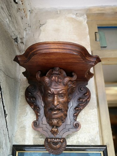 Carved Wooden Devil Face Wall Shelf for sale at Pamono