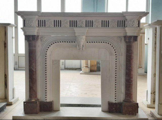 Striking Neoclassical Marble Fireplace Mantle with Red Marble Columns ...