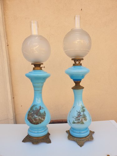 Antique Blue Opaline Oil Lamps, France, 19th Century, Set of 2 for sale ...