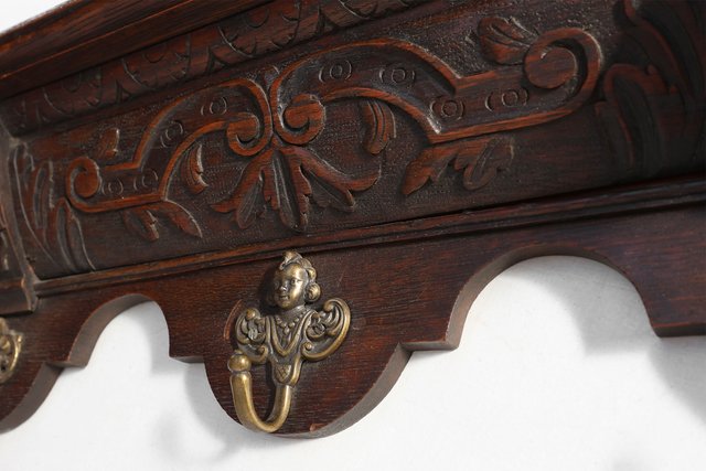 French Baroque Coat Rack in Carved Oak with Copper Hooks, 1940s for ...