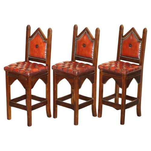 Gothic Brown Leather Chesterfield Kitchen Bar Stools, Set of 3 for sale ...
