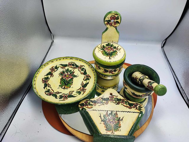 Art Deco Wooden Painted Mortar, Container and Platter, 1930s, Set of 5 ...