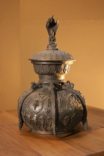 Antique Bronze Container with Buddhist Symbols for sale at Pamono