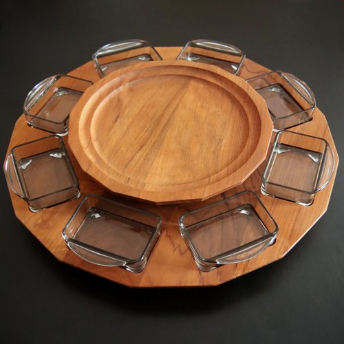 Lazy Susan Rotating Wooden Tray with 8 Smoked Glass Bowls, 1960s, Set ...