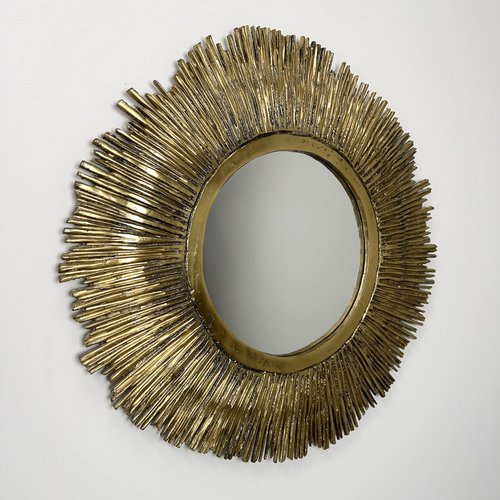 Large Handcrafted Sun Ray Mirror in Brass, France, 1970s for sale at Pamono