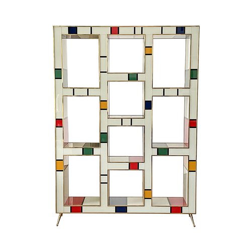 Mondrian Style Wooden Bookcase Covered in Glass, 1980s for sale at Pamono