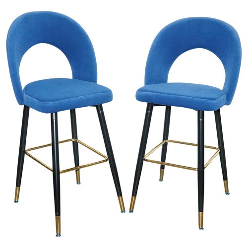 Blue Velvet Bar Chairs with Gold Detail on the Frame for sale at Pamono