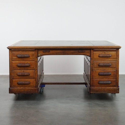 Large Antique Desk with Black Leather Top for sale at Pamono