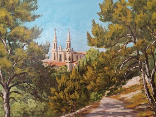 Late 20th Century French Country Church Spire and Forest Path Painting ...