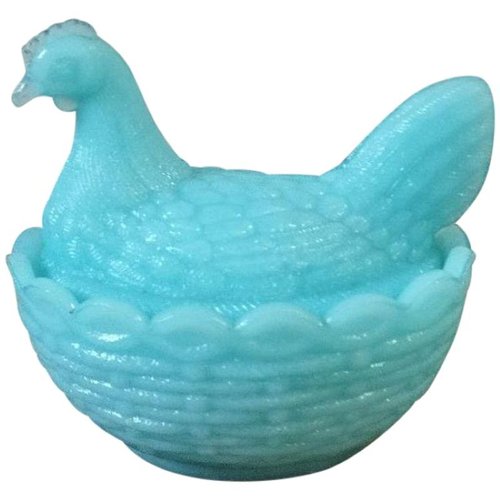 Zoomorphic Sugar Bowl in the Shape of Hen in Blue Opaline from Portieux ...
