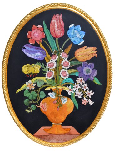 Black Oval Frame Inlay Flowers Scagliola Polychrome and Gold Frame from ...