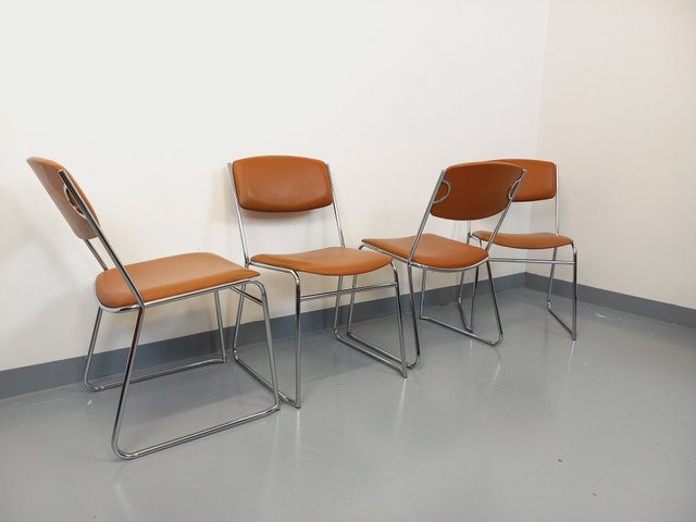 Vintage Sled Chairs in Chrome Metal and Cognac Leatherette, 1970s, Set ...