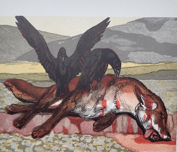 Paul Jouve, The Crows and the Fox on the Ground, Wood Engraving for ...