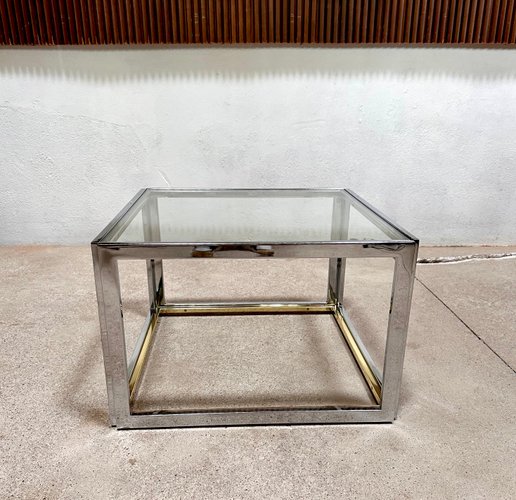 French Cube-Shaped Chrome Side Table with Glass Top and Brass Details ...