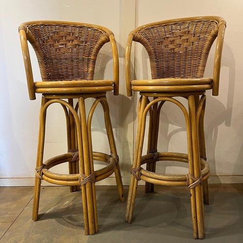 Bamboo and Wicker Revolving Bar Stools, Set of 2 for sale at Pamono