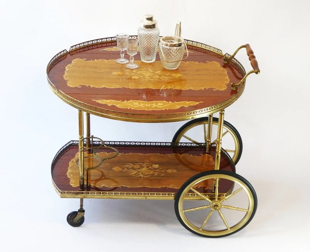 Vintage German Bar Cart with Inlaid Marquetry for sale at Pamono