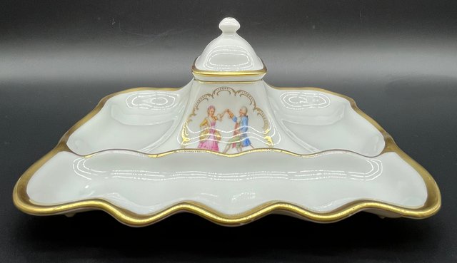 Antique Porcelain Desk Set with Burgundy Inkwell and Miniature Painting ...