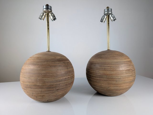 Large Sphere Lamps in Laminated Wood, 1960s, Set of 2 for sale at Pamono