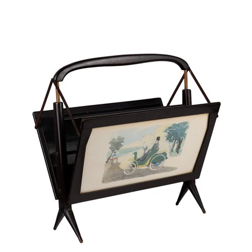 Vintage Folding Magazine Rack in Wood and Brass, 1950s for sale at Pamono