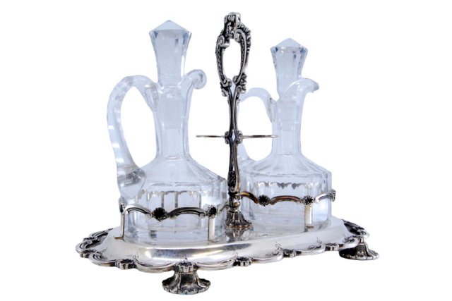 Silver Cruet Set with Cut Glass Cruets and Shells Embossed Base, Set of ...