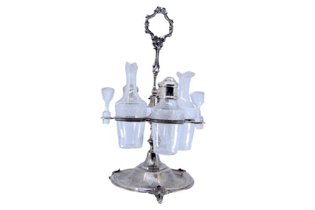 Silver Cruet Set with Acid-Etched Glass Cruets and Mustard, Salt and ...
