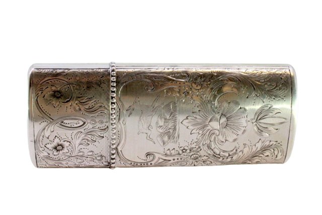 Silver Cigar Case with Engraved Wreaths, Flowers on Hunting Background ...