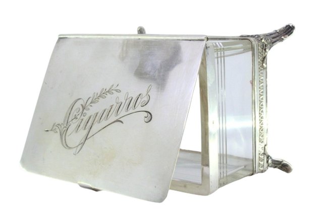 Silver and Glass Cigarette Box with Engraved Lid for sale at Pamono