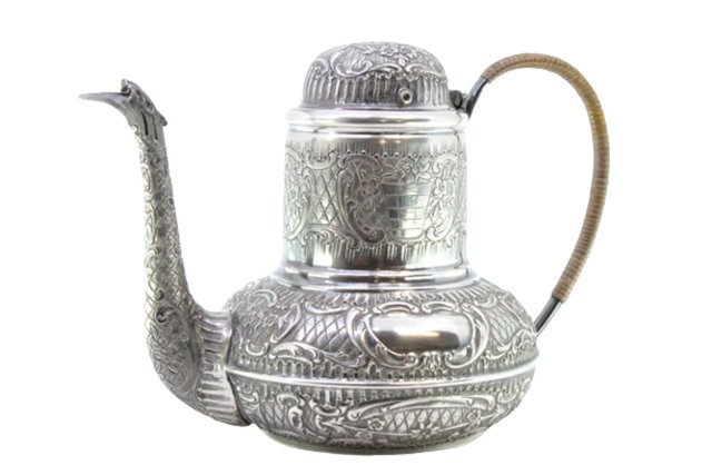 Round Silver Kettle with Reliefs, Monogram Card and Coated Handle for ...