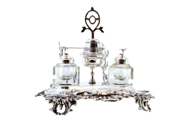Silver Inkwell with Two Faceted Glass Tanks for sale at Pamono