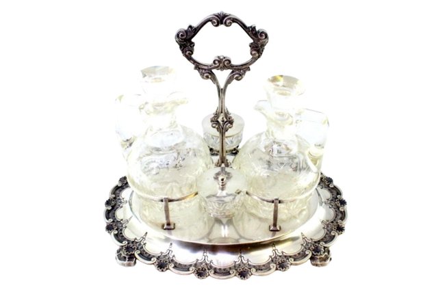 Cruet Set with Silver Structure and Cut Glass Cruets with Salt and ...