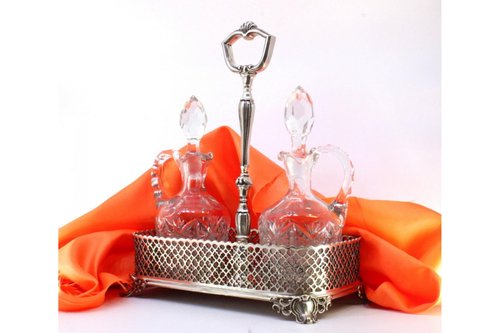 Cruet Set with Silver Structure and Cut Glass Cruets, Set of 3 for sale ...