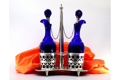 Cruet with Silver Structure and Cruets in Cut Blue Glass, Set of 3 for ...