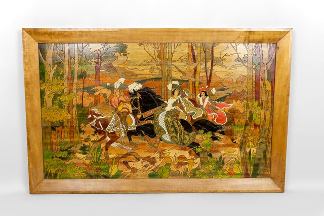 French Artist, Medieval Hunting Scene, 1900, Pyrograph for sale at Pamono