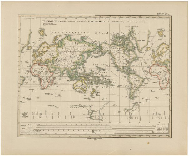Antique World Map Mercator Projection with Global Sea Routes by Adolf ...