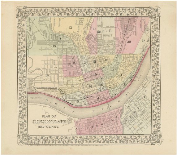 Hand-Colored Plan of Cincinnati Map, USA, 1870s for sale at Pamono