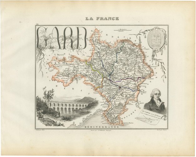 Map of Gard France with Pont Du Gard and Wine Regions by Vuillemin ...